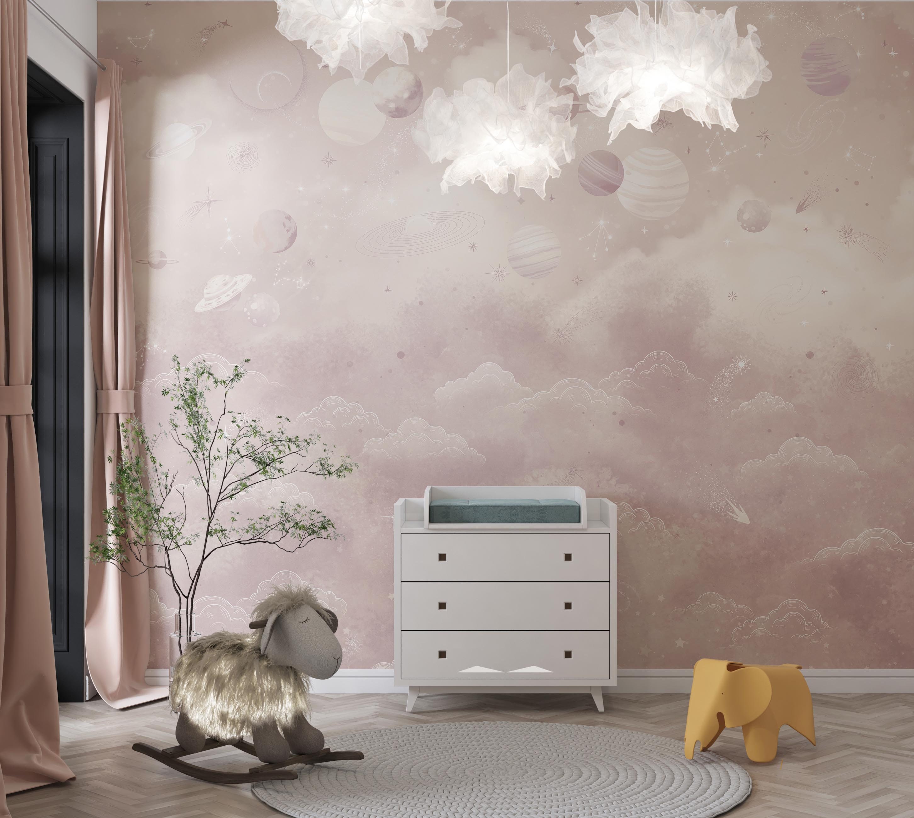 Kids Wallpaper COSMO Pink, Wall Mural With Clouds, Planets and Stars ...