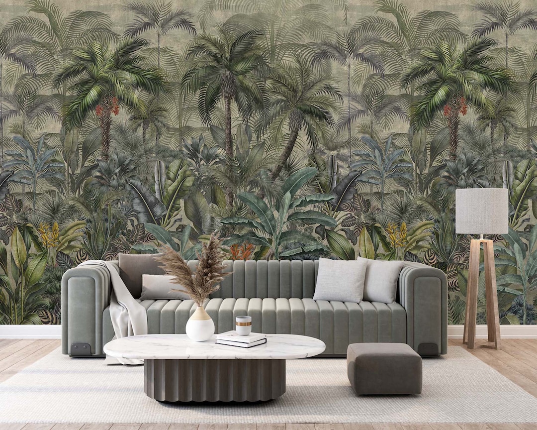 Botanical Wallpaper TROPICAL, Palm Trees in the Jungle, Plants, Flowers ...