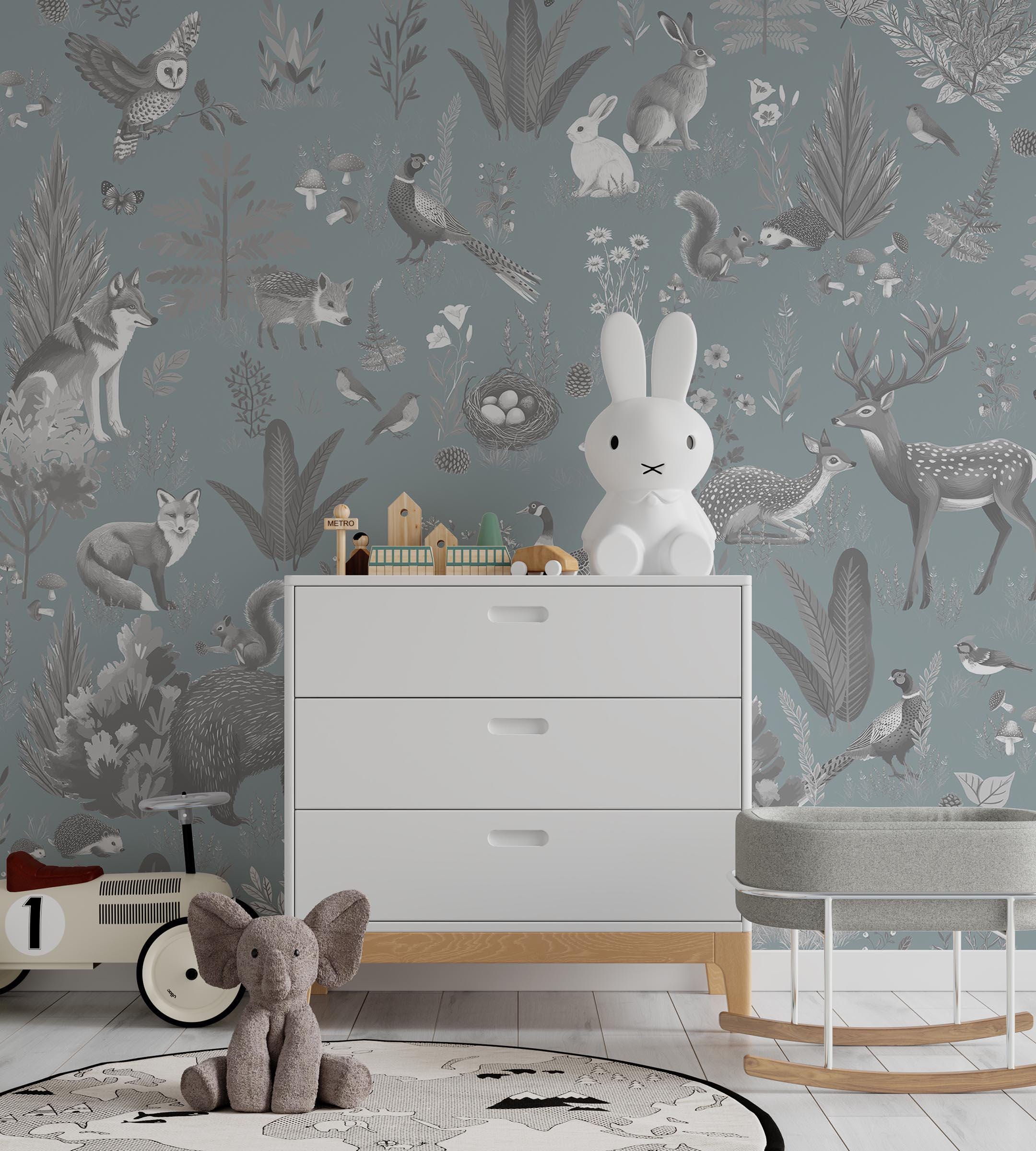 Woodland Wallpaper FOREST FRIENDS Monochrome With a Blue Background ...