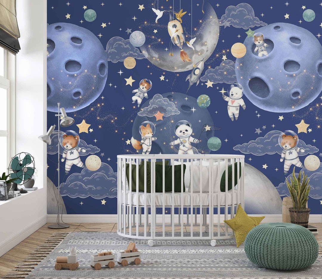 Space Kids Wallpaper | Astronaut Animals and Rockets Wall Mural | Navy ...