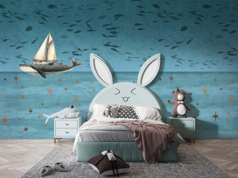 Whale Wallpaper, Underwater Ocean Nursery Wall Mural, Nautical Kids ...