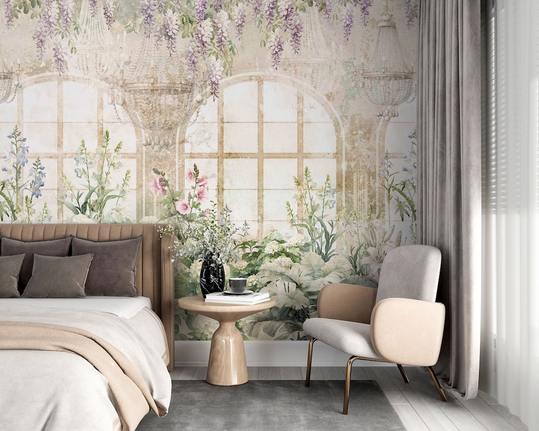 Floral Conservatory Wallpaper Mural | Wisteria & Hydrangea Garden Room ...