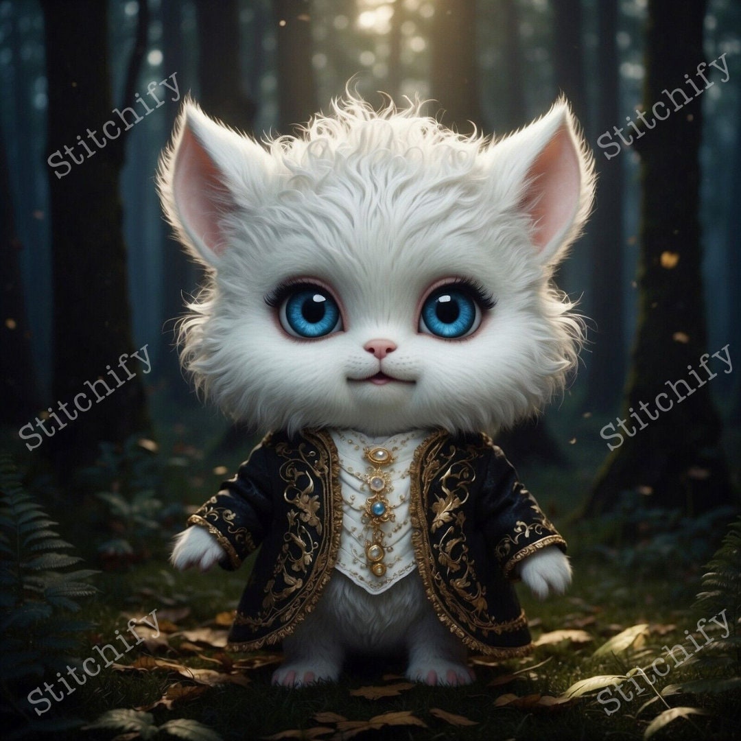 Enchanted Forest Cat Print Digital Download, White Kitten Art, Royal ...