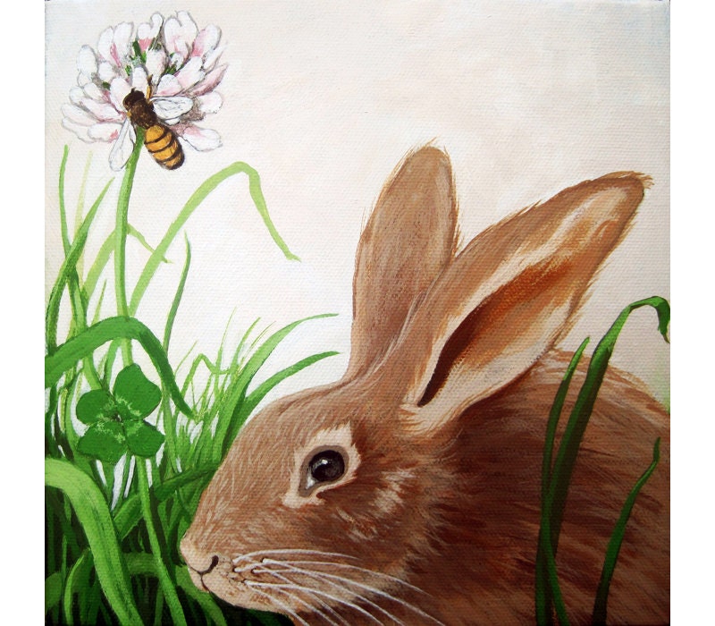 Bunny Rabbit Clover and Bumblebee animal portrait Fine Art | Etsy
