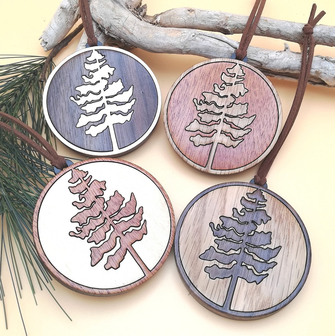Wood Inlay Pine Tree Ornament Set of 4 - Personalized Wooden Christmas ...