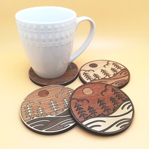 Nature Landscape Wood Inlay Coaster Set of 4 Trees & Lake Wooden Circle ...