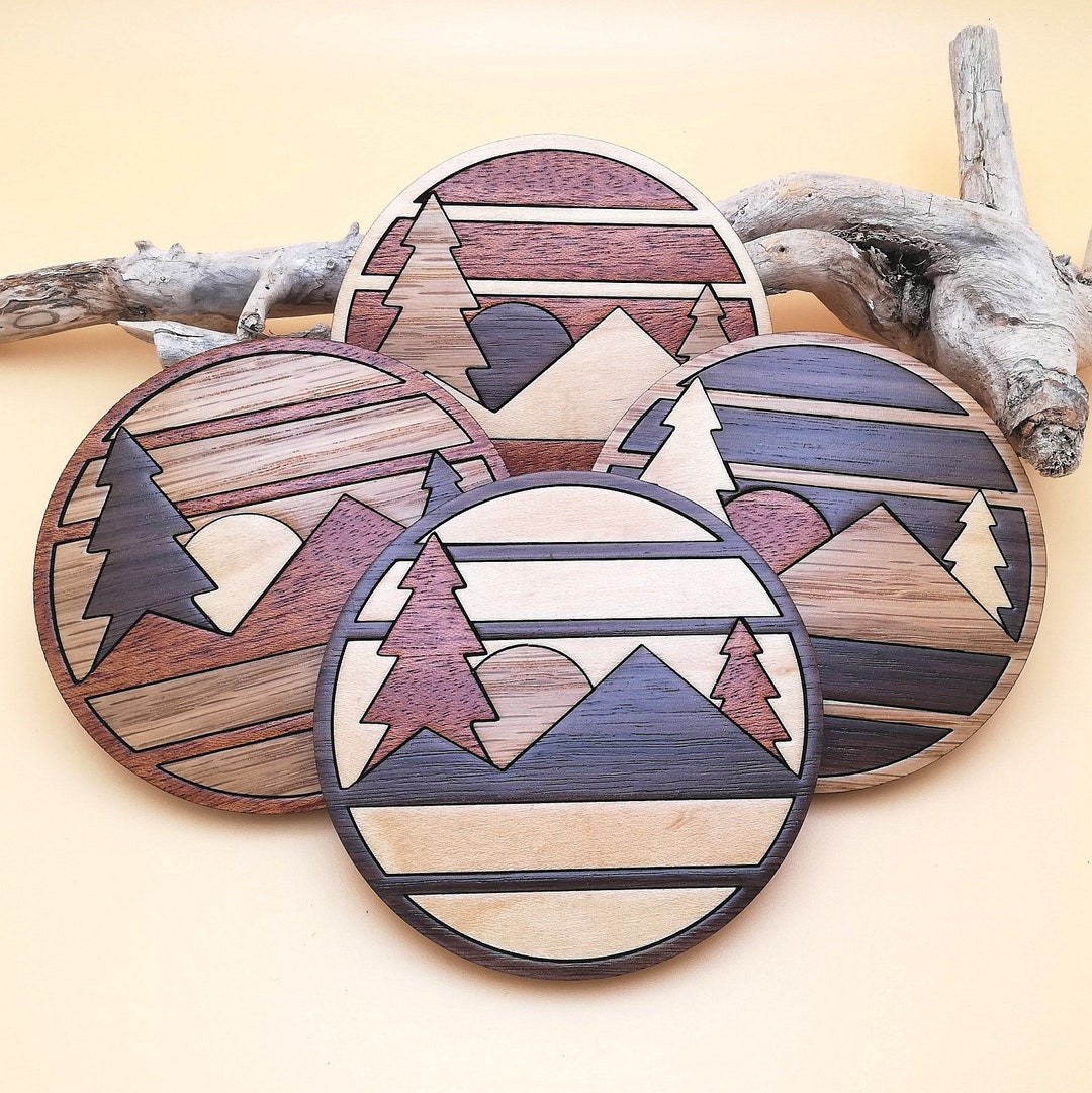 Wood Mosaic Mountain Coaster Set of 4 - Wooden Mountain Landscape ...