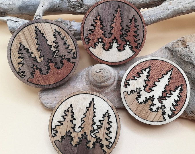 Wood Inlay Forest Magnet Set of 4 - Wooden Pine Tree Fridge Magnets ...