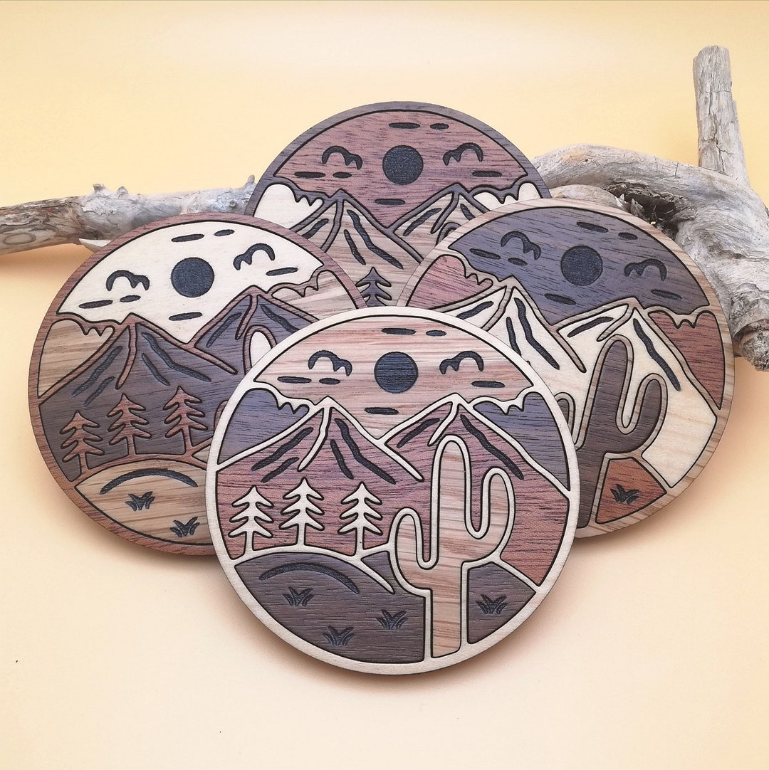Mountain Landscape Wood Inlay Coaster Set of 4 - Mountains, Trees ...