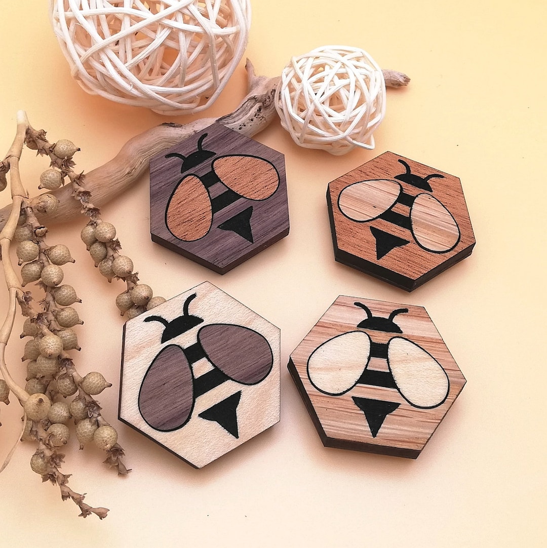 Wood Inlay Bee Magnet Set of 4 - Wooden Hexagon Fridge Magnets - Bee ...