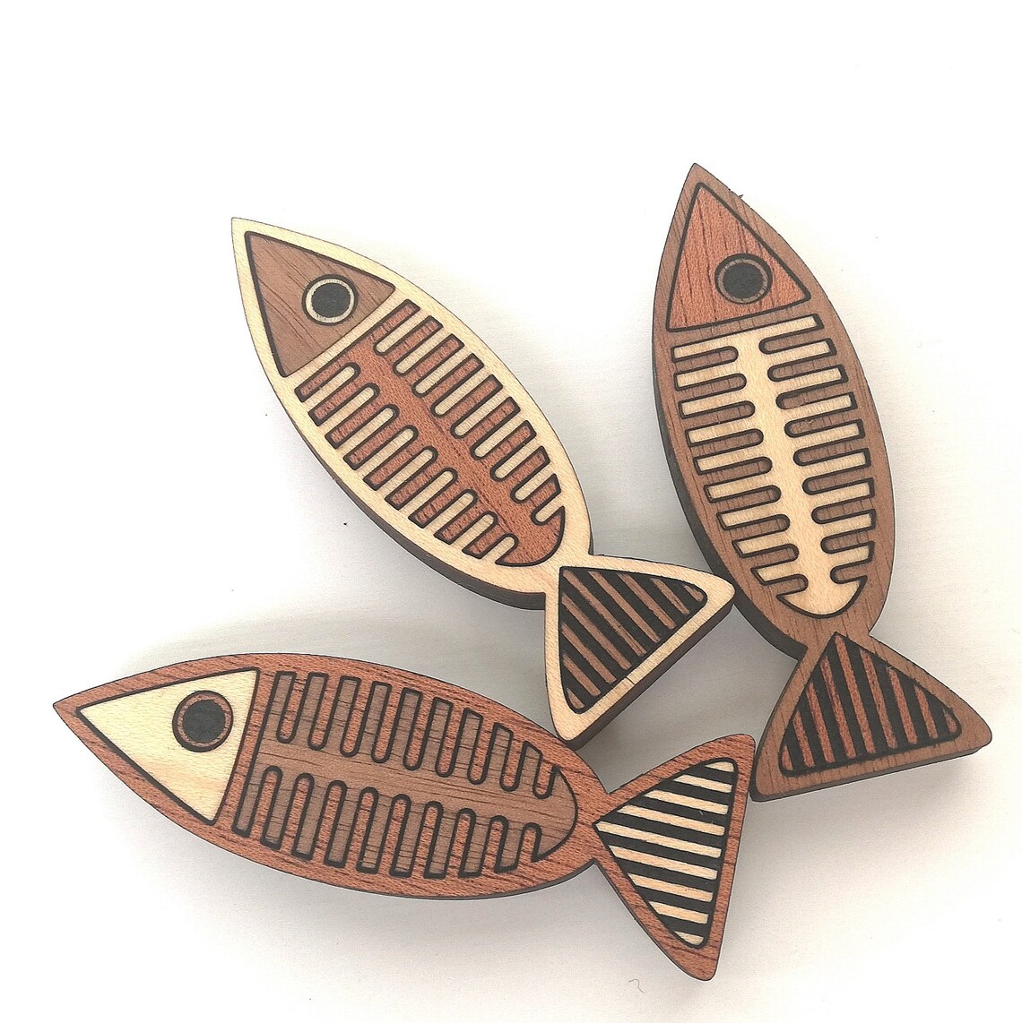 Wood Inlay Fish Magnets: Walnut, Mahogany, Maple - Set of 3 - Etsy
