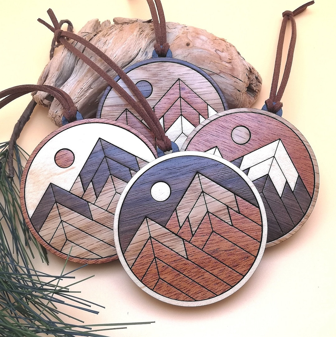 Rustic Mountains Wood Inlay Ornament Set of 4 - Personalized Wooden ...
