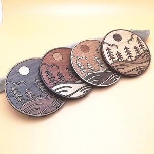 Nature Landscape Wood Inlay Coaster Set of 4 Trees & Lake Wooden Circle ...