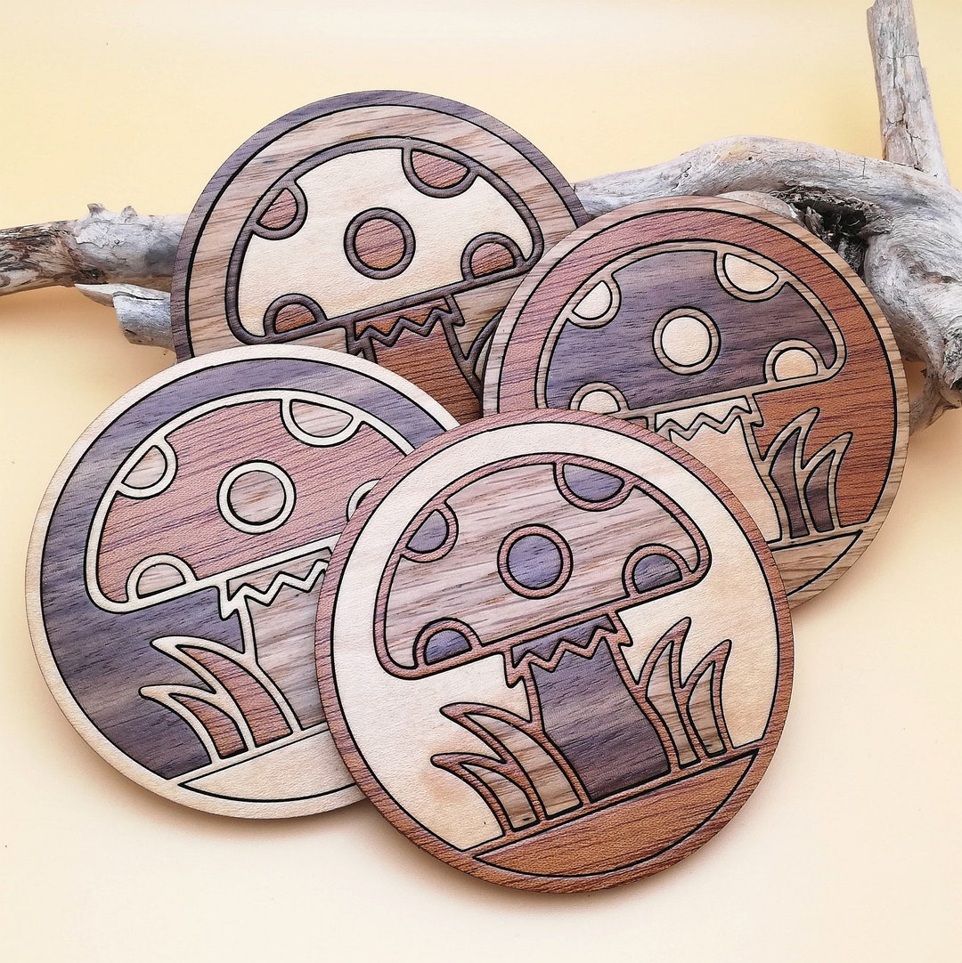 Wood Inlay Mushroom Coaster Set of 4. Wooden Toadstool Coasters ...