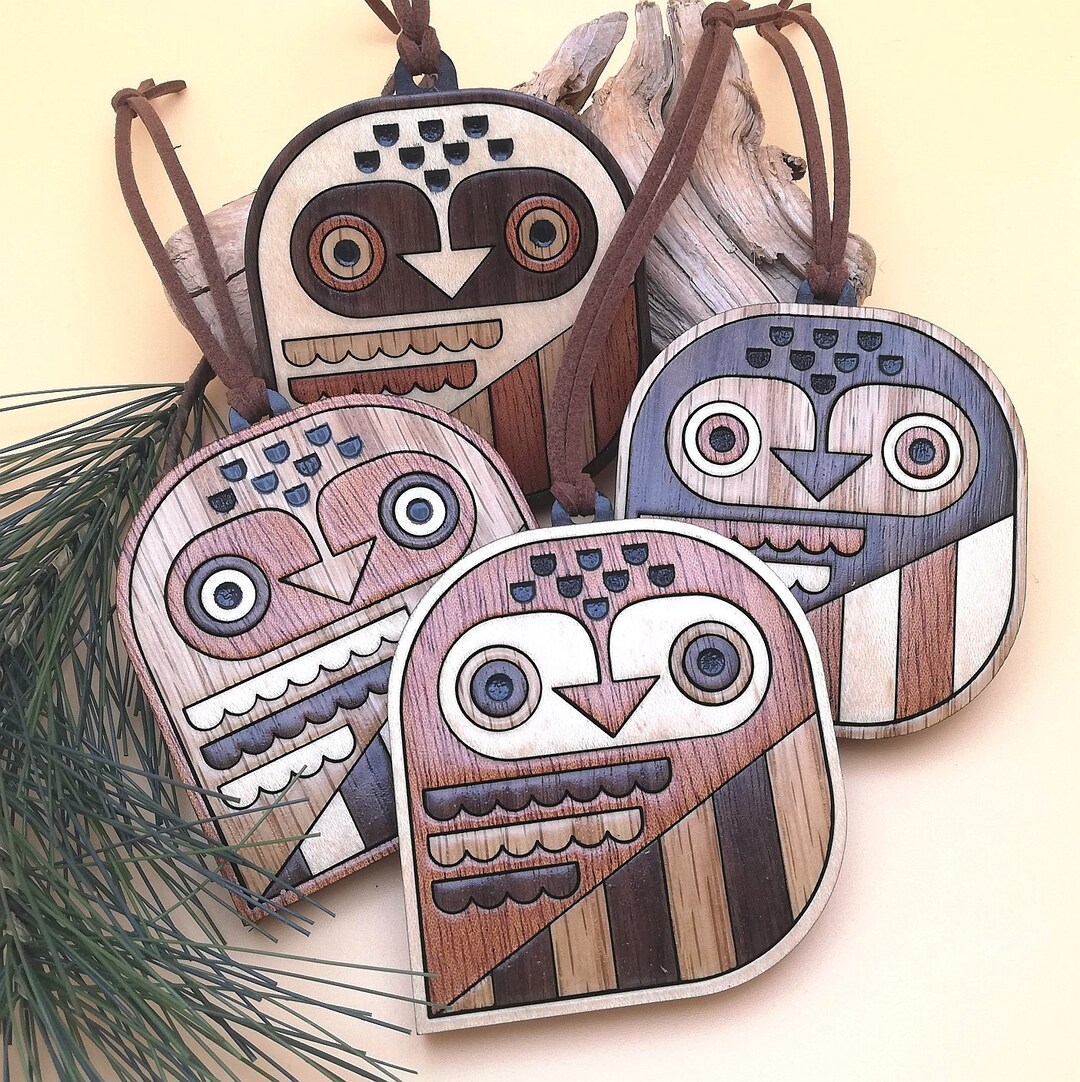 Wood Inlay Owls Ornament Set of 4 - Personalized Wooden Christmas Tree ...