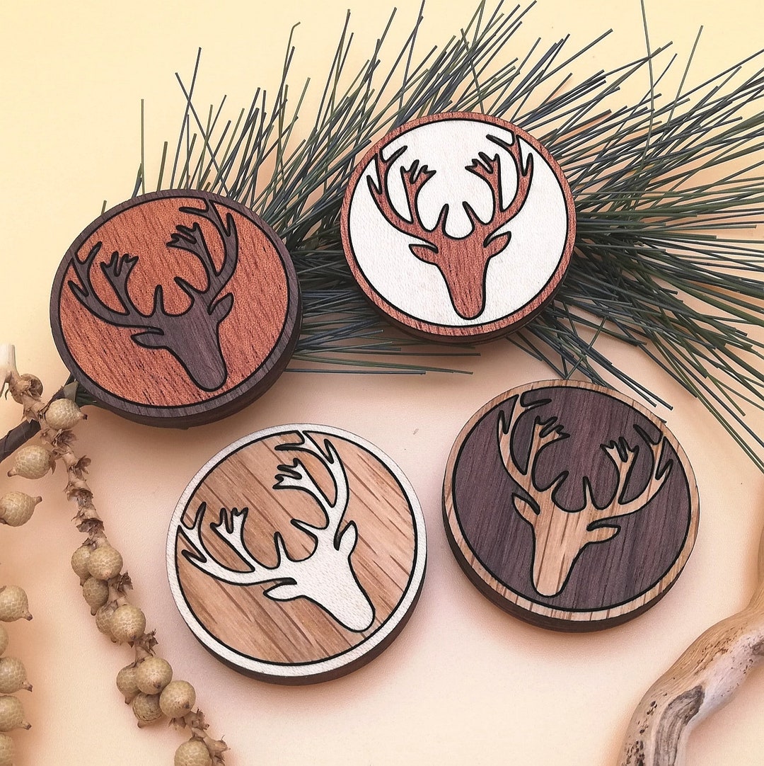 Wood Inlay Deer Magnet Set of 4 - Wooden Circle Fridge Magnets ...