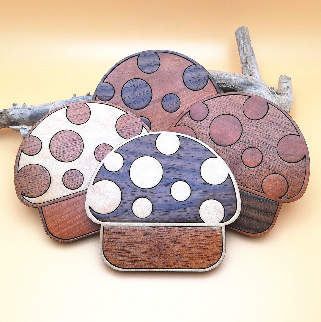 Wooden Mosaic Mushroom Coaster Set: Retro Woodland Decor - Etsy