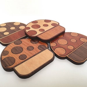 Wooden Mosaic Mushroom Coaster Set of 4 - Retro Mushrooms Wood Inlay ...