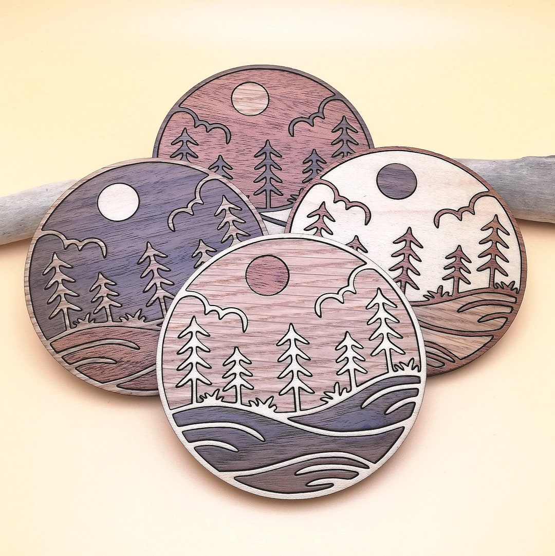 Nature Landscape Wood Inlay Coaster Set of 4 - Trees & Lake Wooden ...