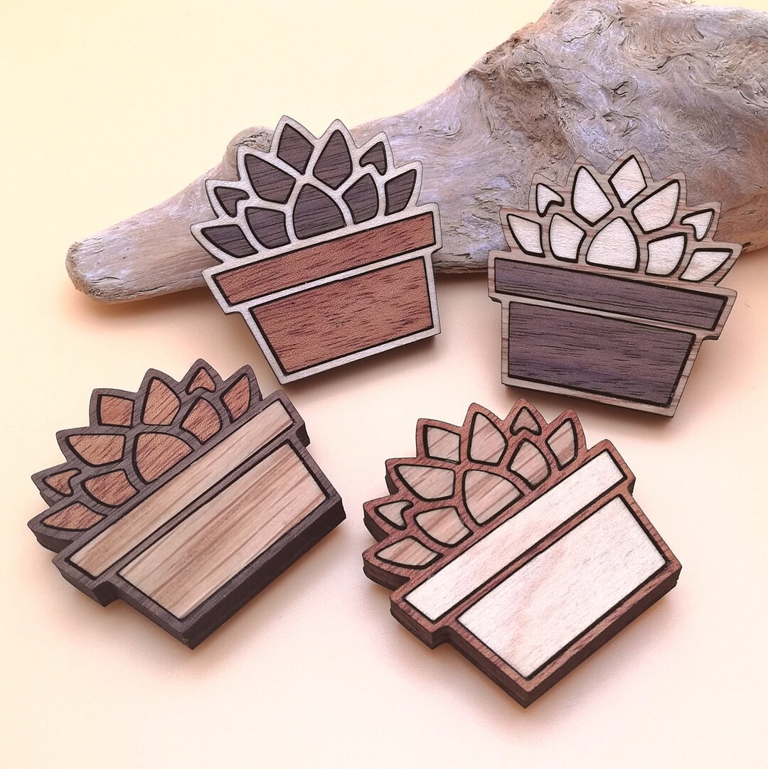 Potted Plants Wood Inlay Magnet Set of 4 - Wooden Cactus Fridge Magnets ...