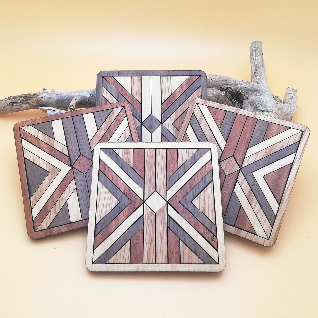 Barn Quilt Wood Inlay Coasters: Rustic Square Coaster Set - Etsy