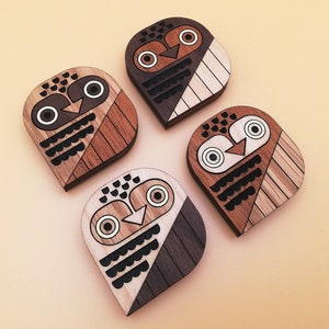 Wood Inlay Owl Magnet Set of 4 Wooden Owls Fridge Magnets Bird Lovers ...