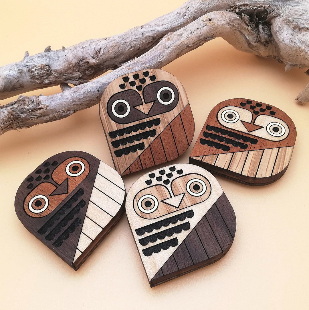 Wood Inlay Owl Magnet Set of 4 Wooden Owls Fridge Magnets Bird Lovers ...