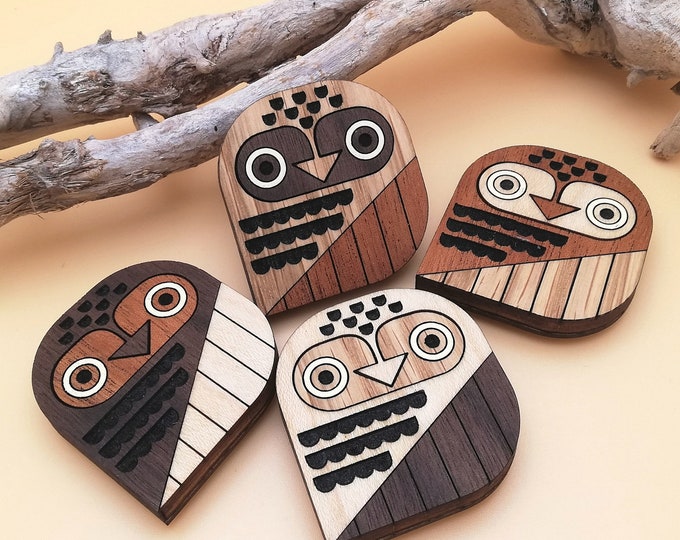 Wood Inlay Owl Magnet Set of 4 Wooden Owls Fridge Magnets Bird Lovers ...