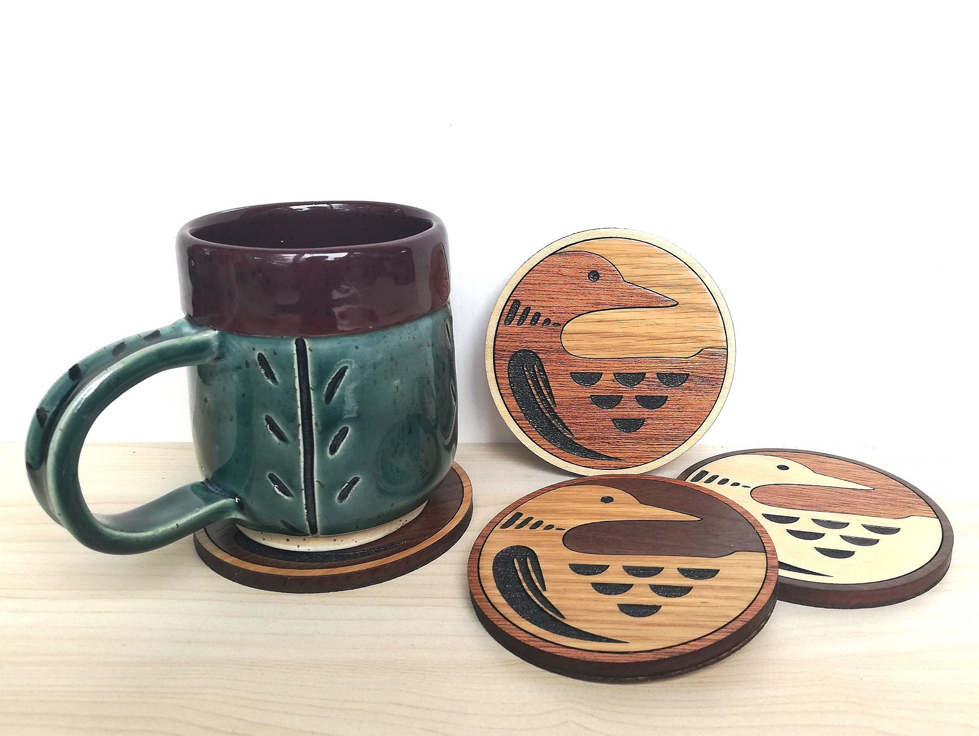 Wood Inlay Loon Coaster Set, Hand Painted Bird Design - Etsy