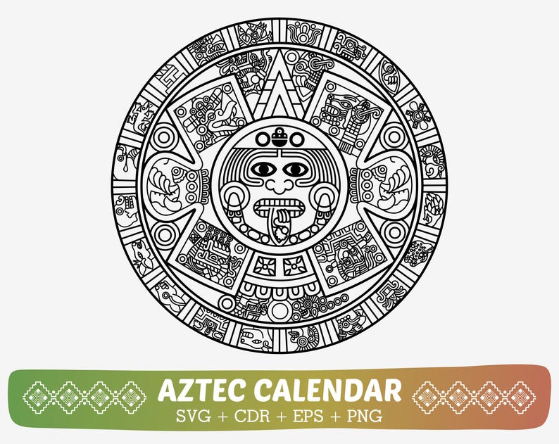 Aztec Calendar SVG Silhouette for Engraving & Cutting, Vector Mayan ...