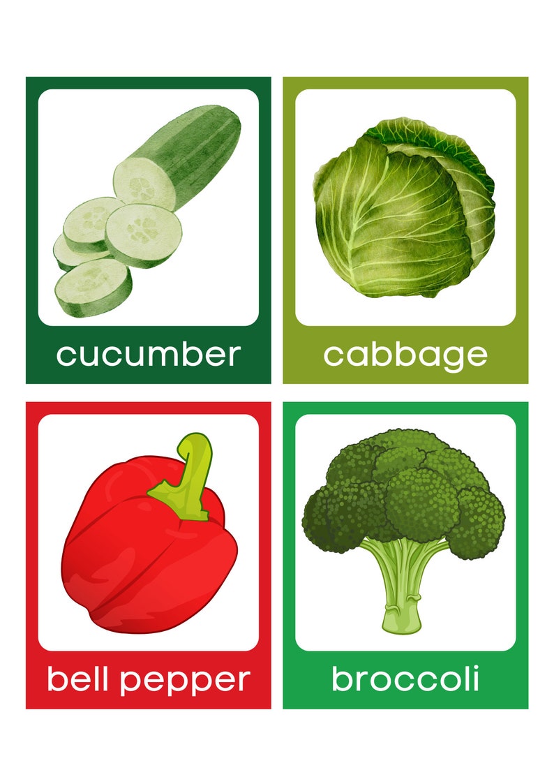 ESL Vegetable Flash Cards, Printable Flash Cards, Montessori Flash Card ...