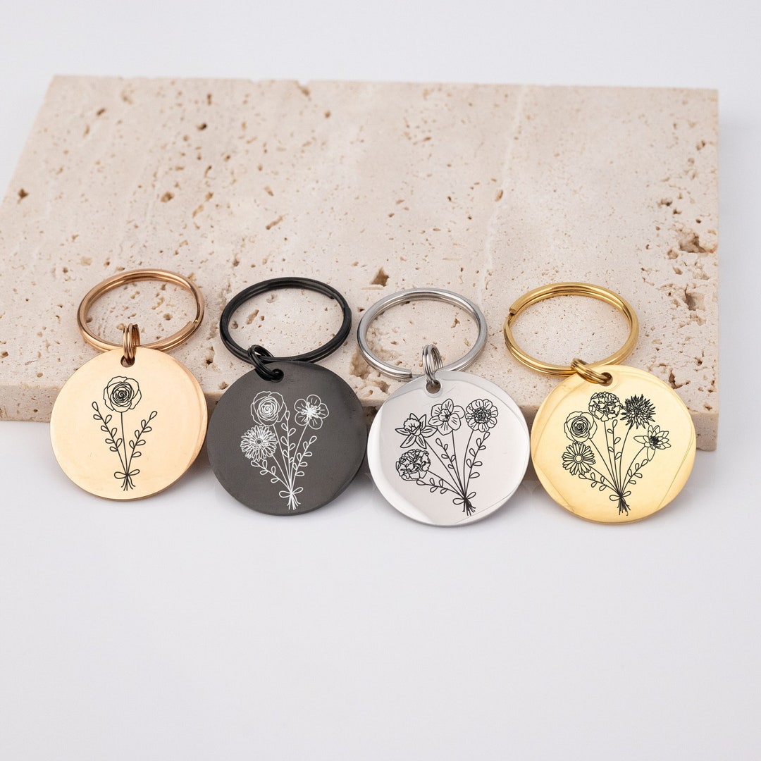 Personalised Birth Flower Keyring, Combined Bouquet Keychain, Engraved ...