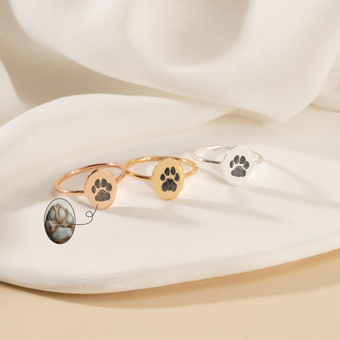 Actual Paw Print Ring, Engraved Paw Pet Print Ring, Custom Name Ring ...