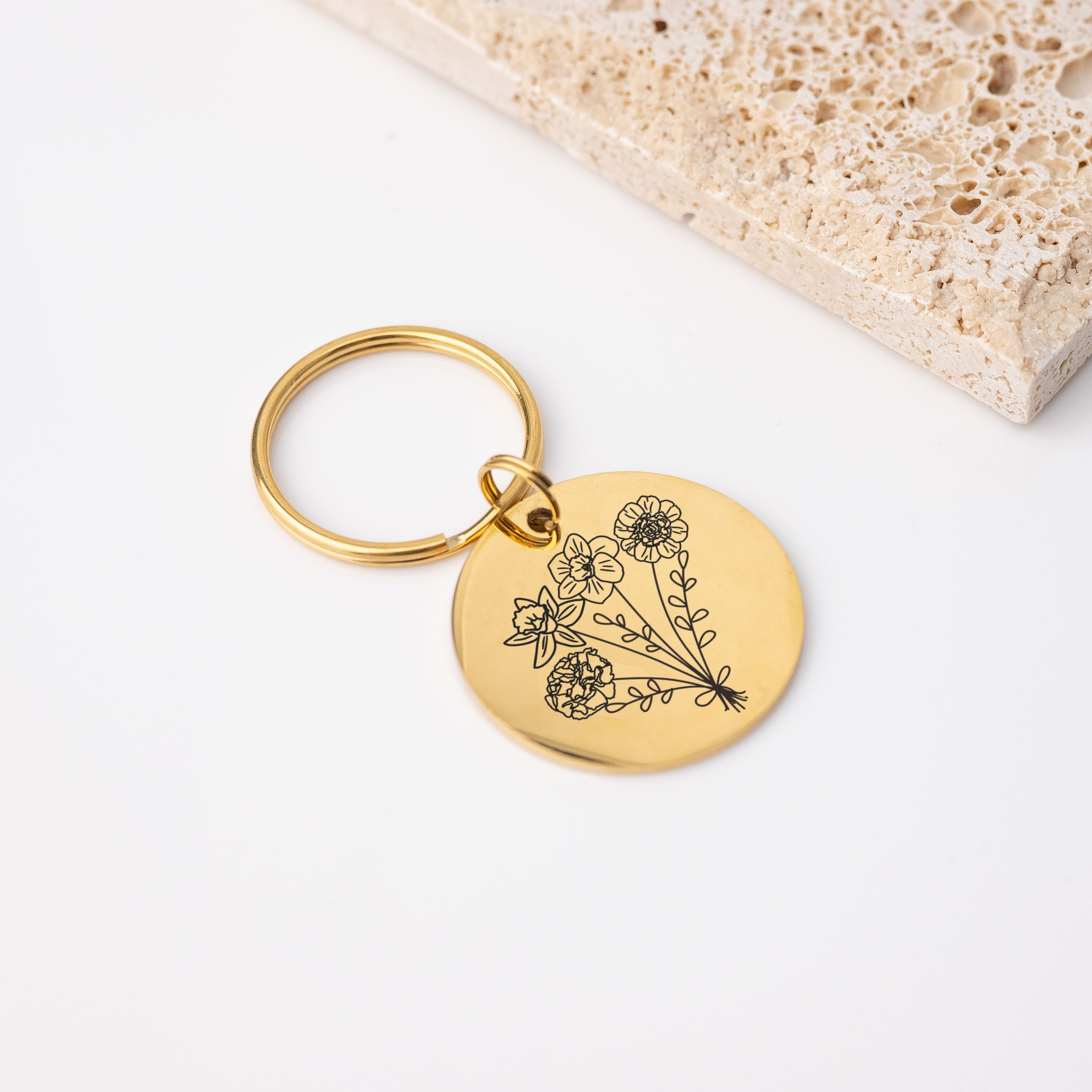 Personalised Birth Flower Keyring, Combined Bouquet Keychain, Engraved ...