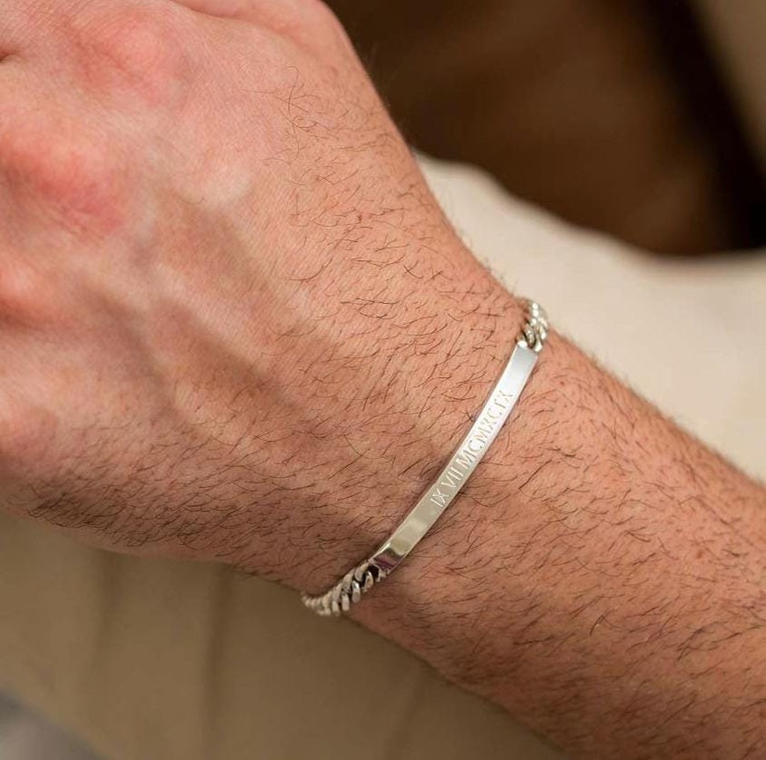 Personalized Engraved Bar Bracelet, Silver Name Bracelet for Men, Anniversary Gift for Him ...
