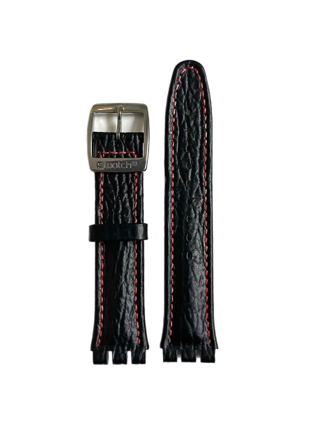 Original Vintage Swatch 19 - 20mm Black Leather With Red Stitching ...