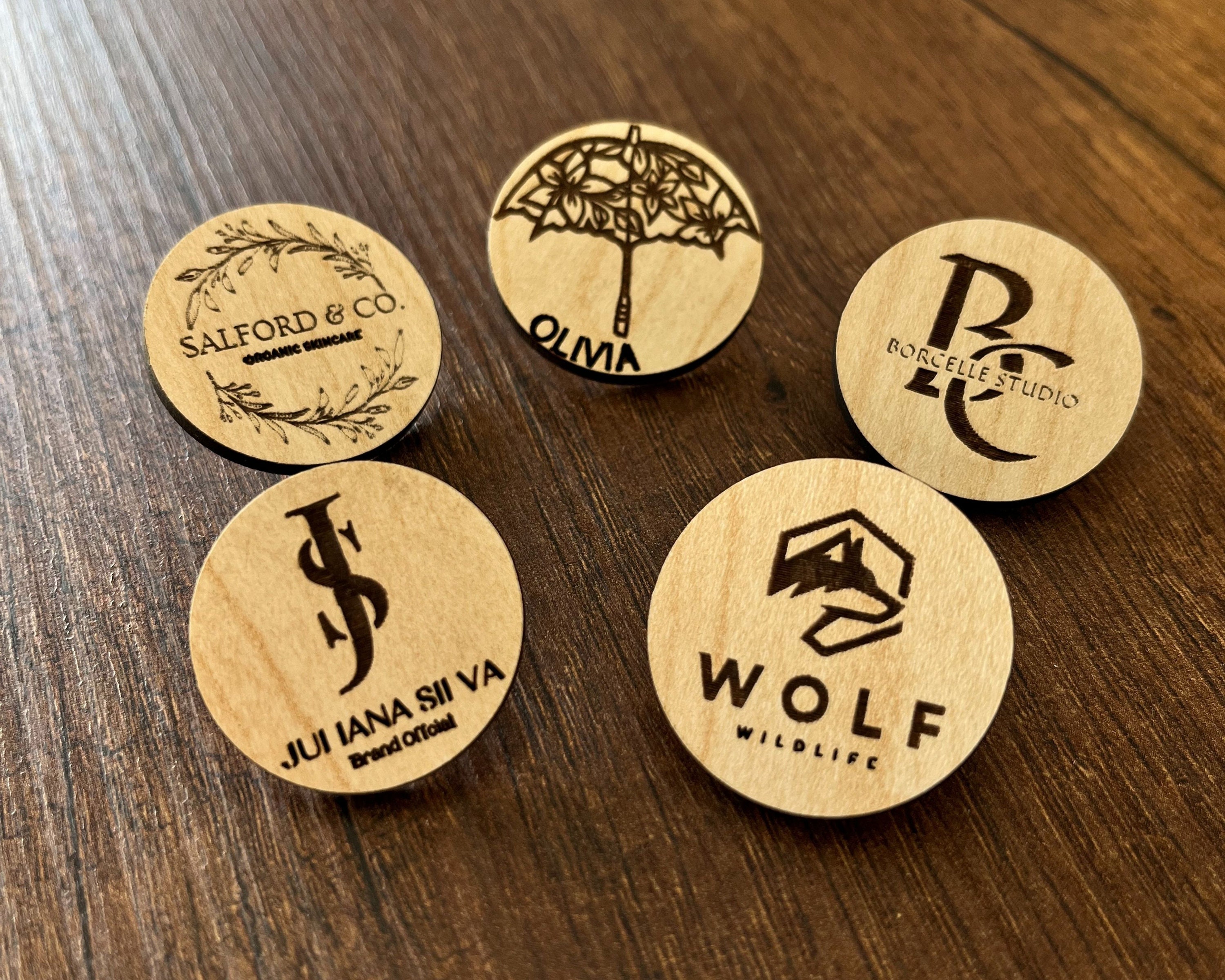 Personalized Wooden Company Logo Badge, Your Company Logo Label Pin ...