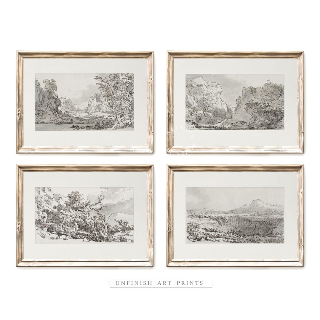 Antique Etchings Gallery Set of 4| Vintage Landscape Drawing Collection ...