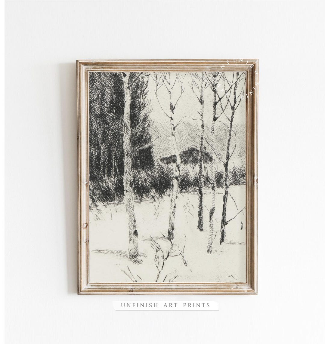 Vintage Winter Landscape Sketch Art | Antique Neutral Wall Art ...