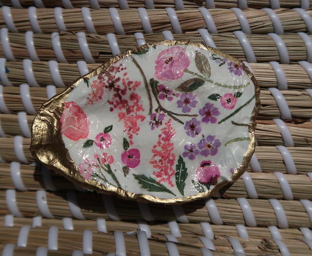 Pink and Purple Floral Oyster Shell Trinket Dish With 18KT. GOLD Leaf ...