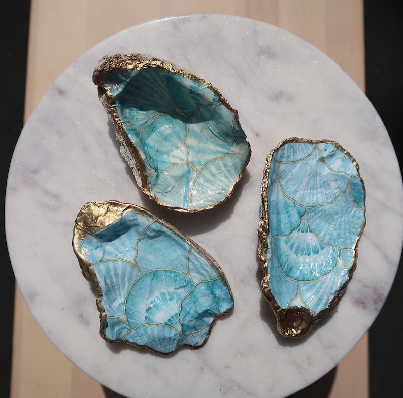 Blue Oyster Shell Trinket Dish With 18KT. GOLD Leaf Edges, Shell ...