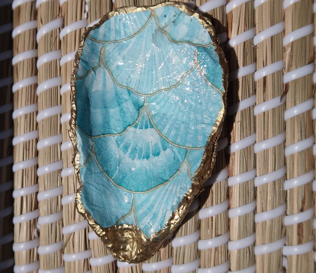 Blue Oyster Shell Trinket Dish With 18KT. GOLD Leaf Edges, Shell ...