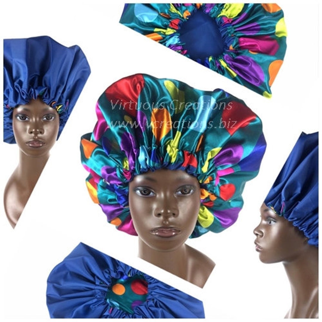 Extra Large Shower Cap - Satin Lined - Jumbo - Royal Blue- Polka Dots ...