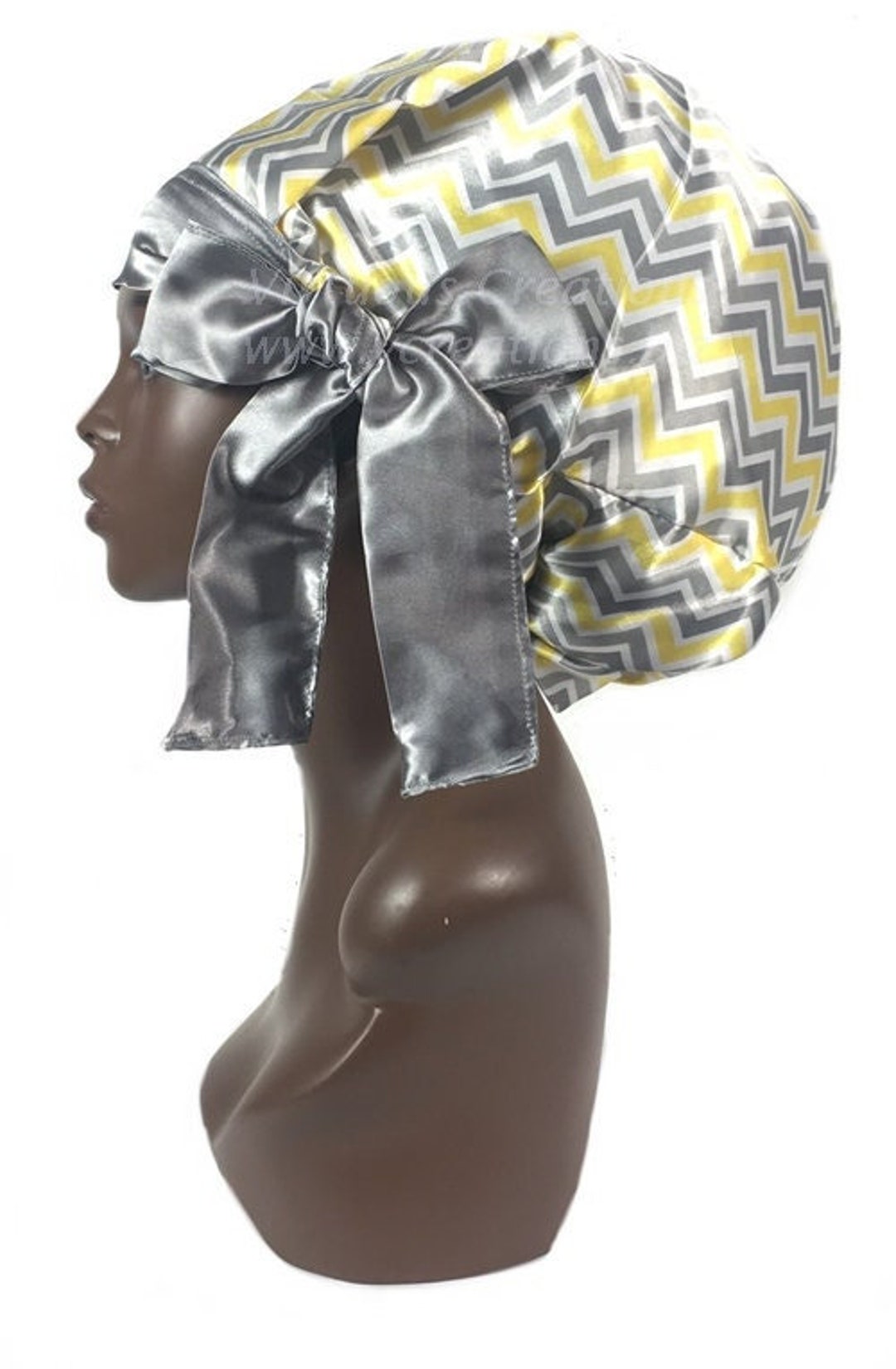 Satin Braid Locs Bonnet Sleep Cap, Zig Zag Stripes White Yellow Silver ...