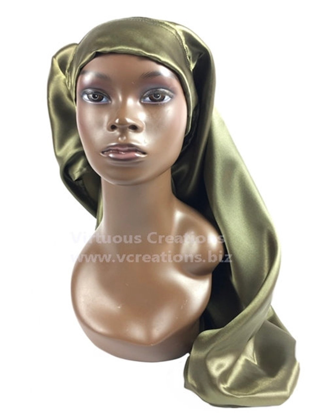 Extra Long Satin Bonnet With Adjustable Ties Olive Green Single Layer ...