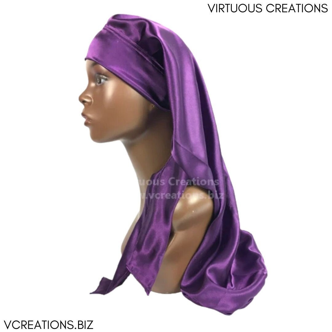 Extra Long Satin Bonnet With Ties Purple Plum for Long Natural Hair ...
