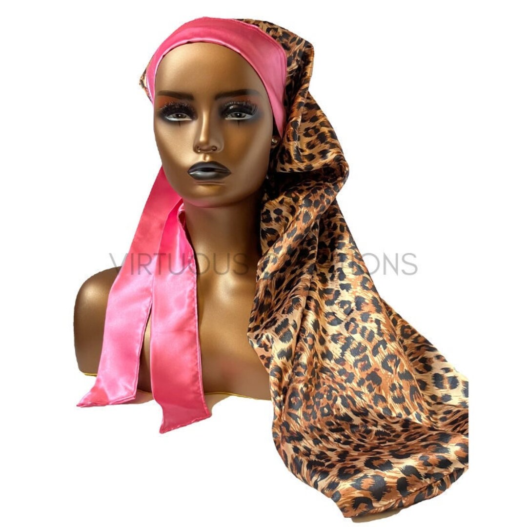 Pink Leopard Extra Long Satin Braid Bonnet Single Layered Long Ties ...