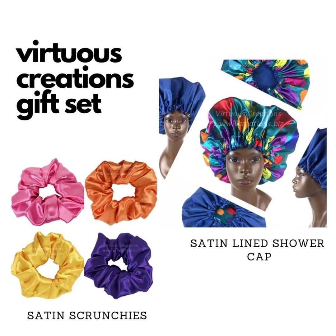 Gift Set - Jumbo XLG Satin Lined Shower Cap and Scrunchies- Scrunchy ...