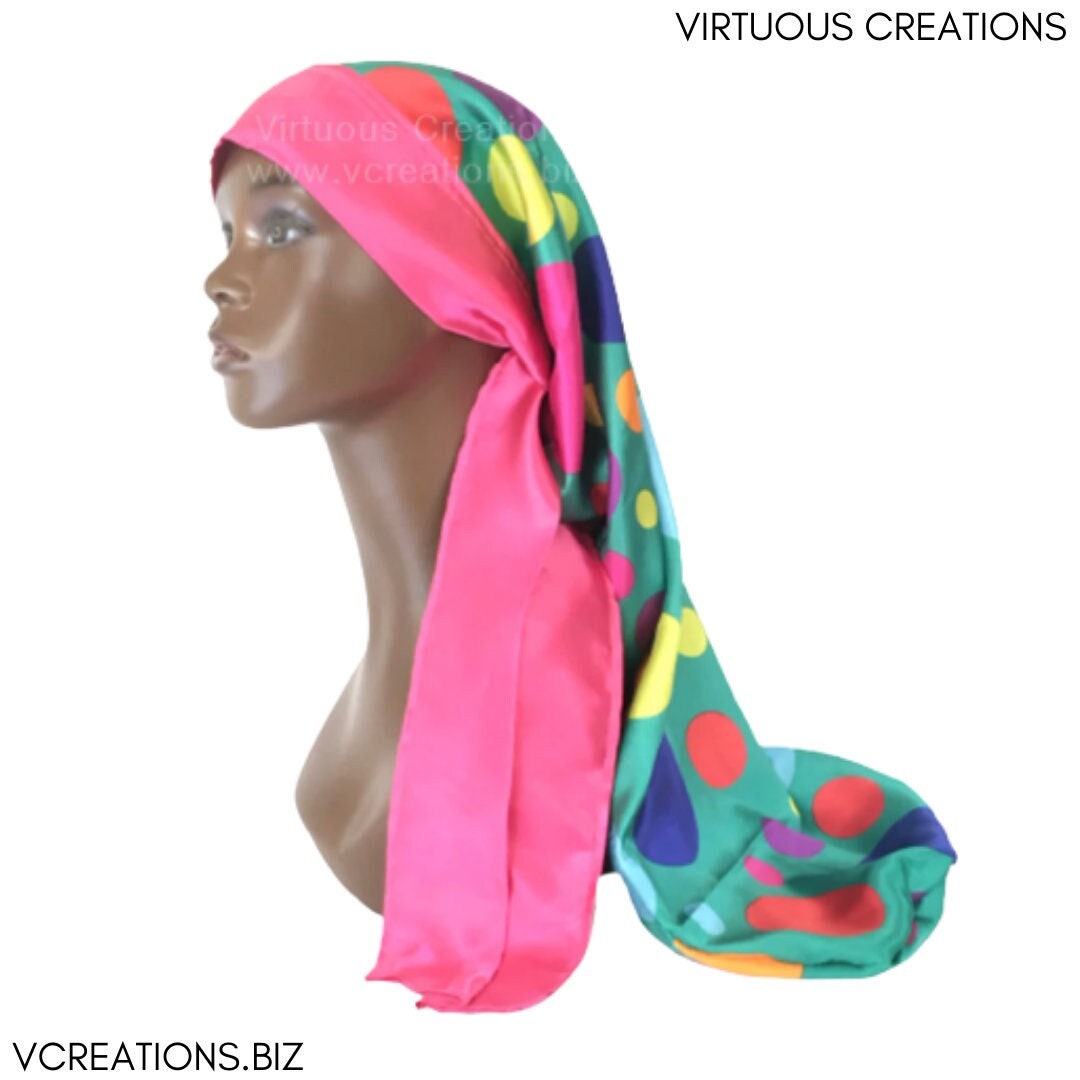 Extra Long Satin Bonnet With Ties Pink Green Polka Dots Single Layered ...