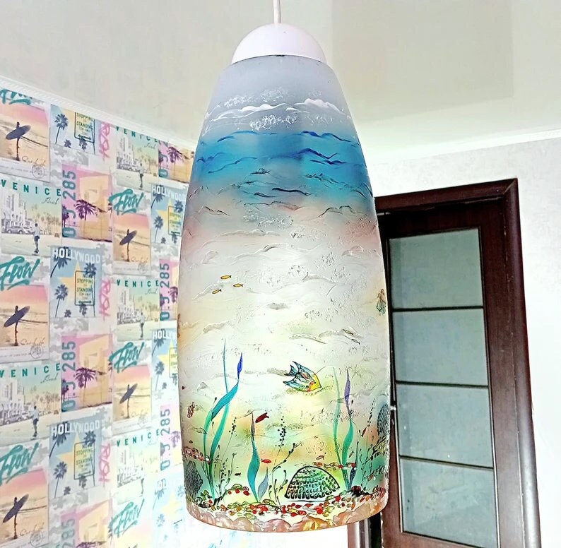 Pendant Light Fixture to Beach House Stained Glass Hand Painted Sea ...